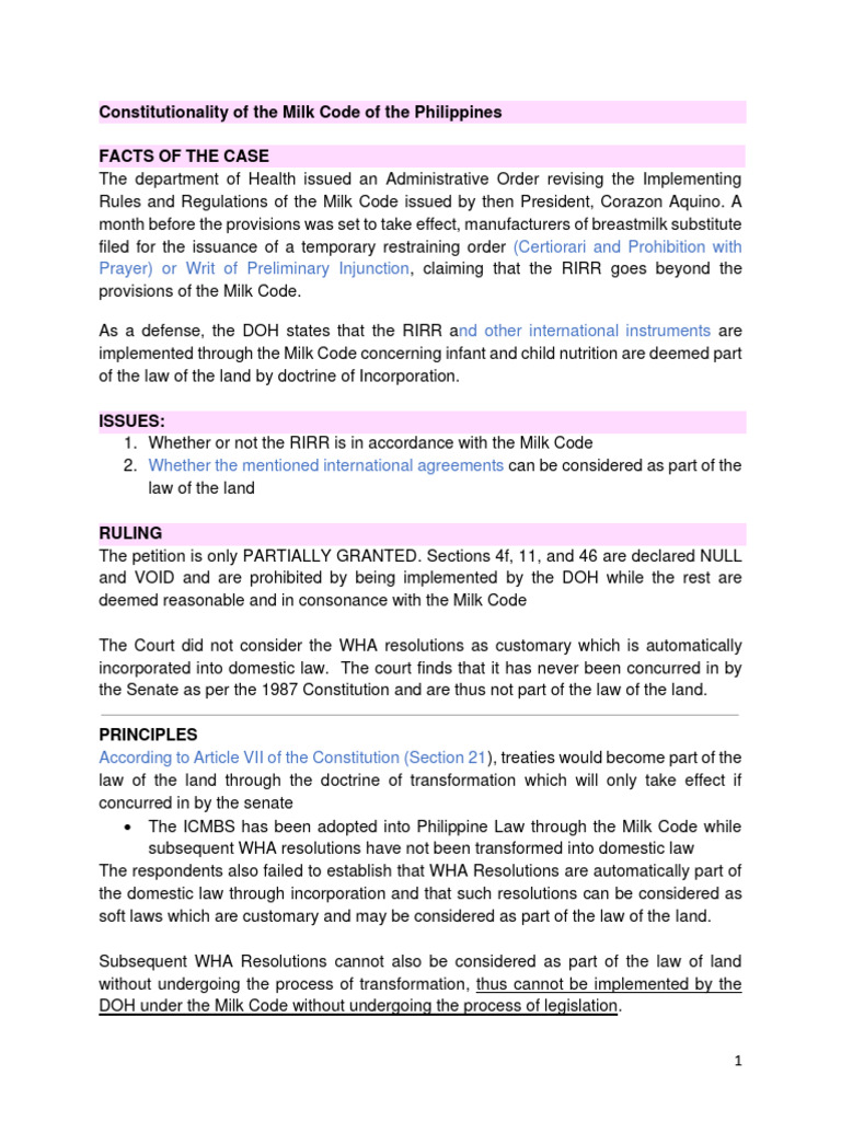 Philippine Milk Code Ruling | PDF | International Law | Constitution