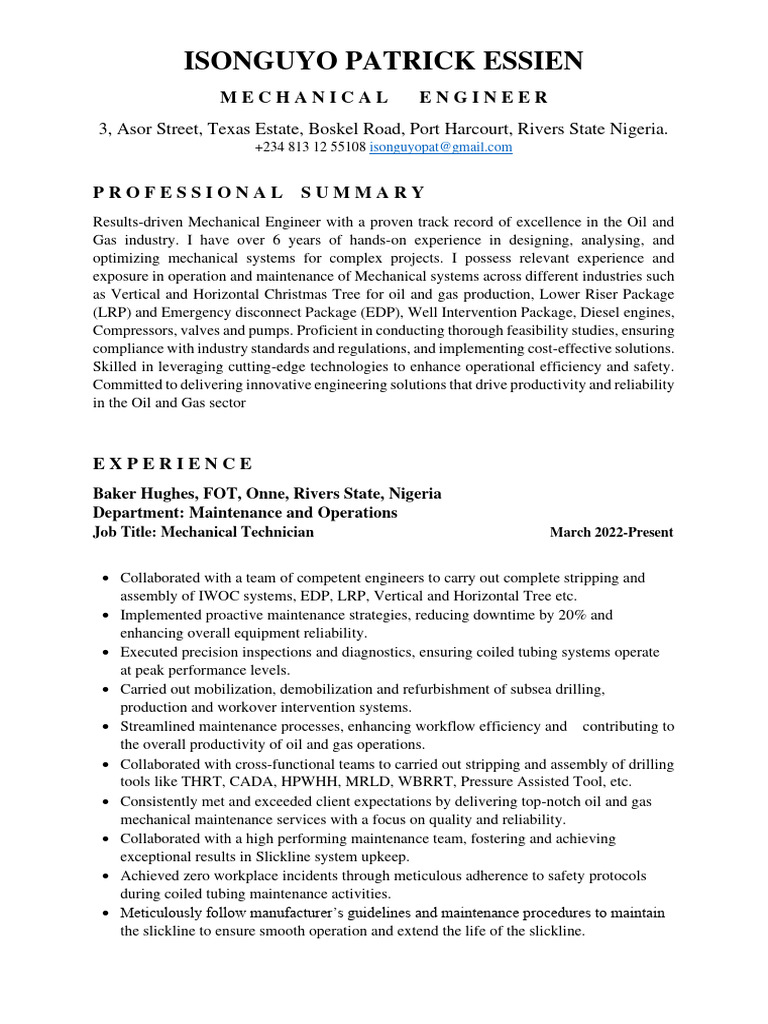 Patrick Essien: Mechanical Engineer Profile | PDF | Pump | Safety