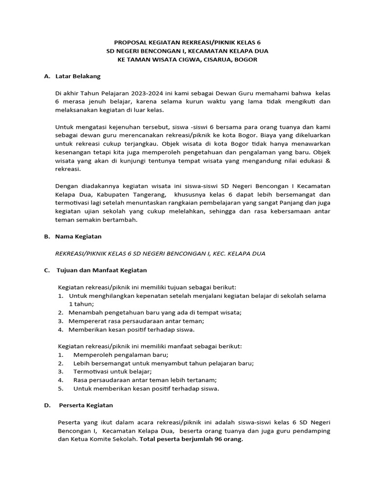 Proposal Kegiatan Piknik KLS 6 TP 2023-2024 | PDF | Kesehatan Holistik