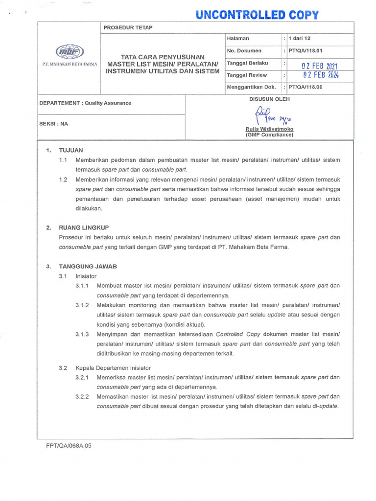 PT-QA-118 Rev 01 Tata Cara Penyusunan Master List Mesin Peralatan Dan Instrumen-signed | PDF