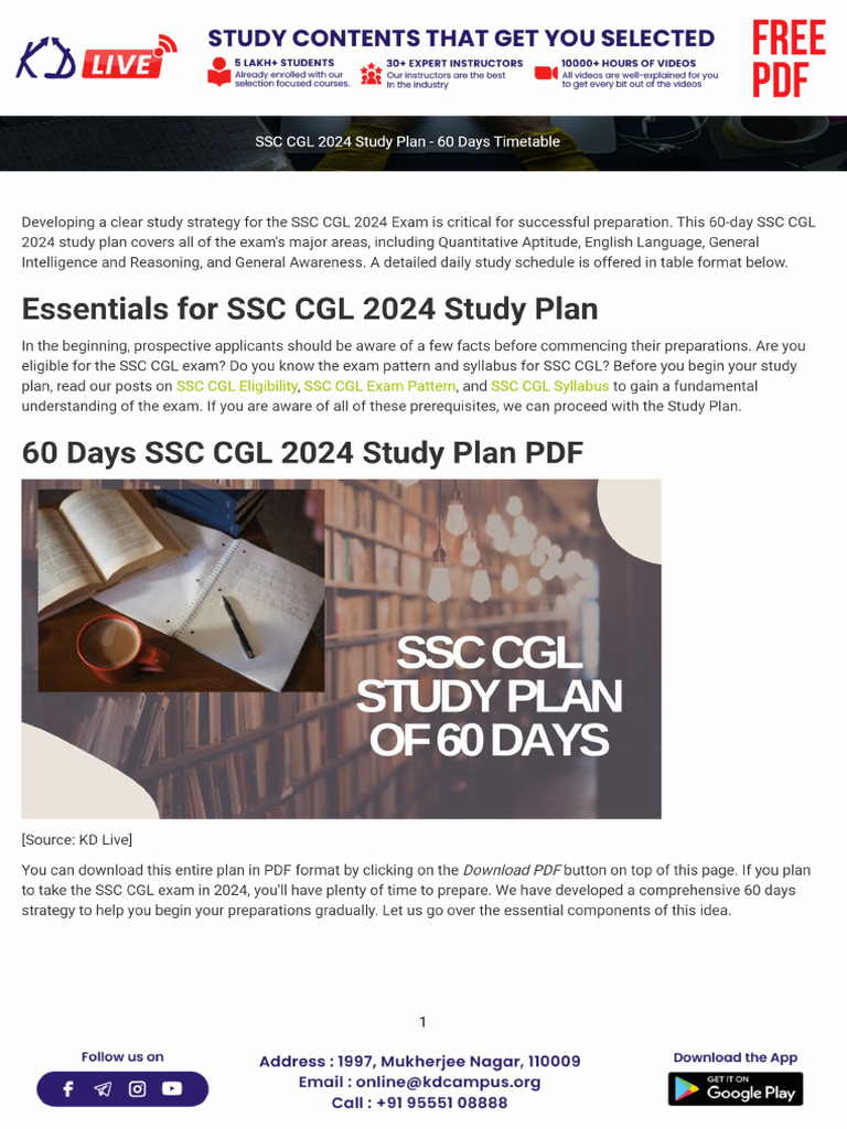 Study Plan SSC CGL 2024 Study Plan 60 Days Timetable | PDF