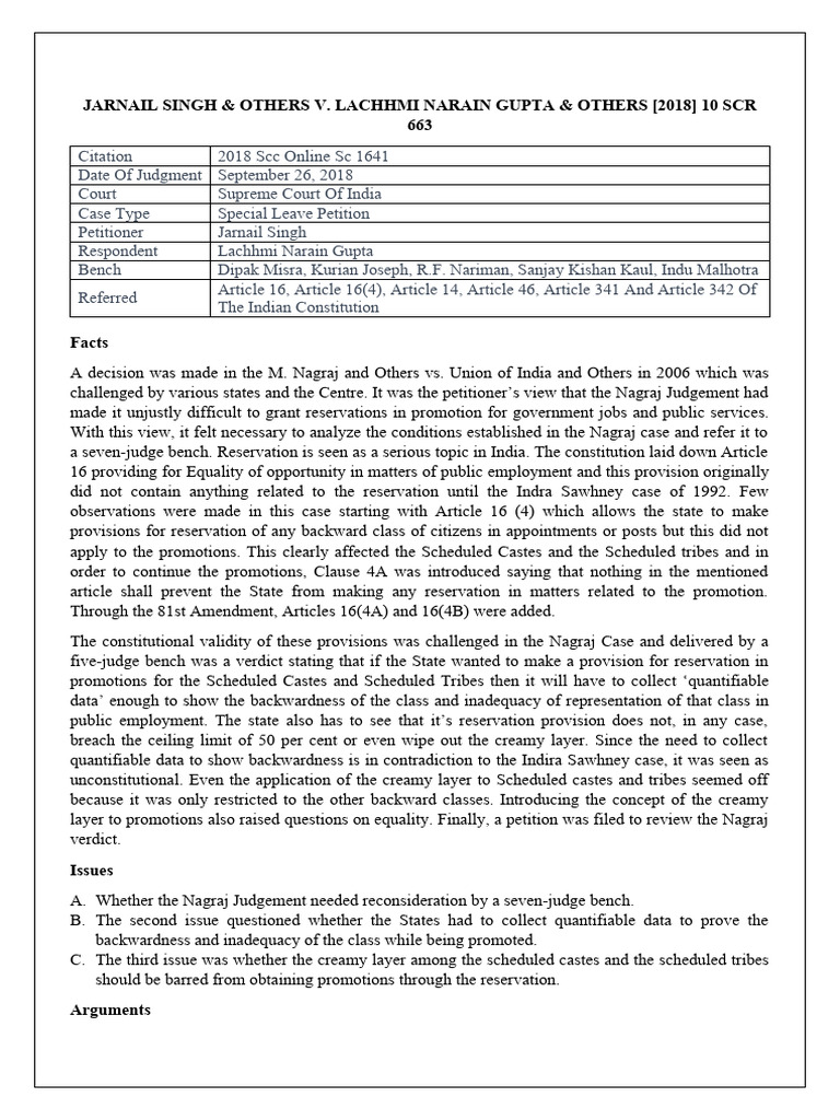 Sample 5 - Case Analysis - Jarnail Singh & Others v. Lachhmi Narain ...