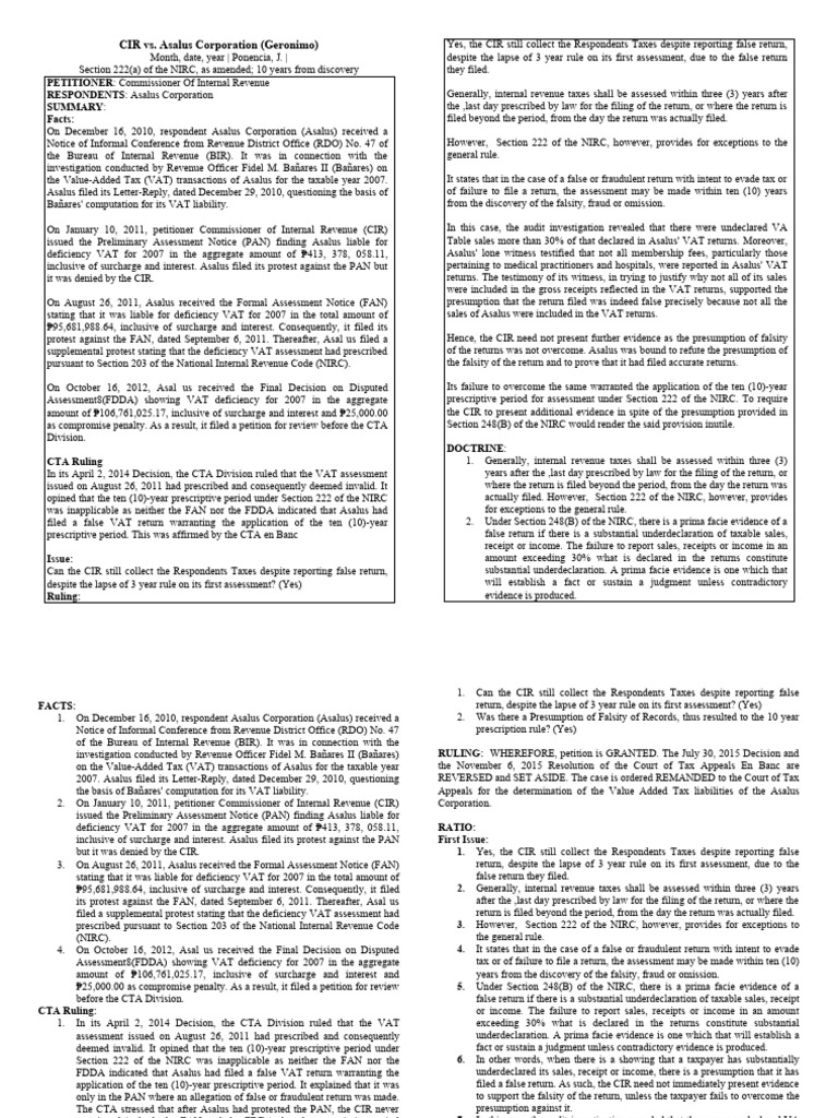 CIR vs. Asalus Corporation | PDF | Value Added Tax | Taxes