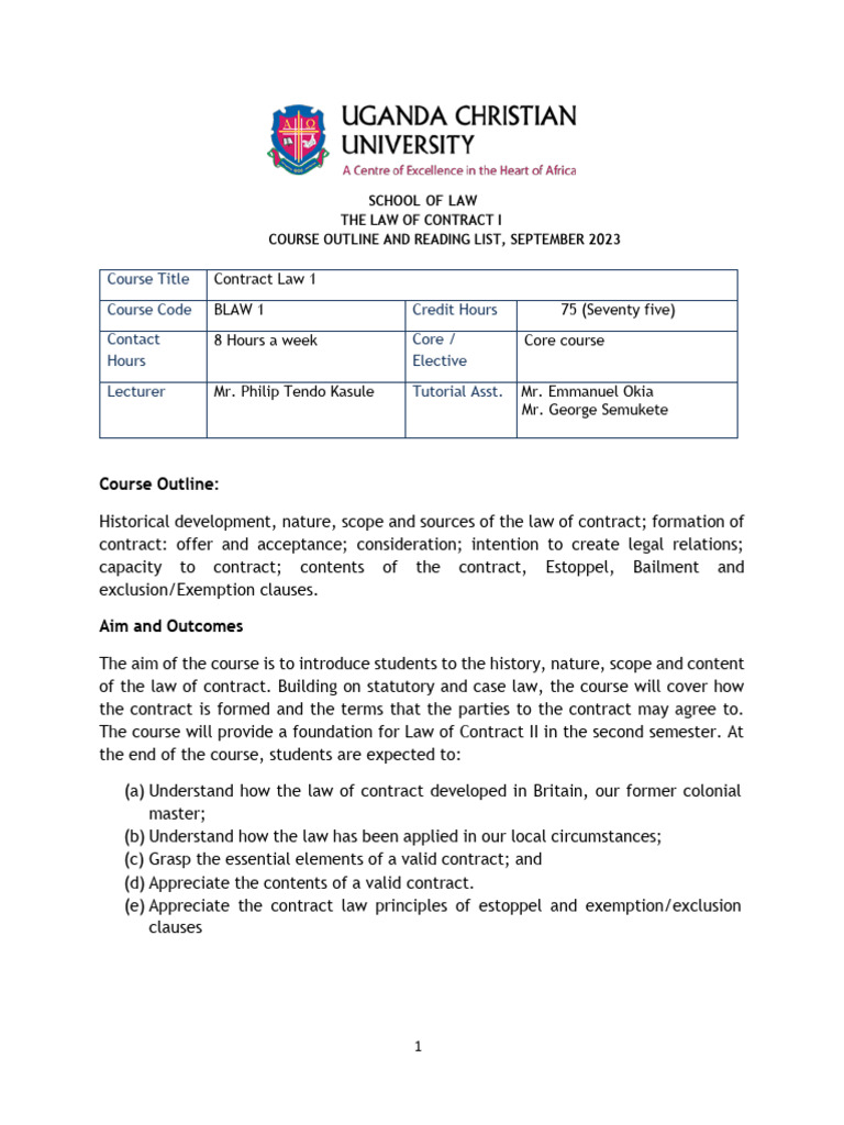 Contract Law Course Outline 2023 | PDF | Civil Law (Legal System) | Justice
