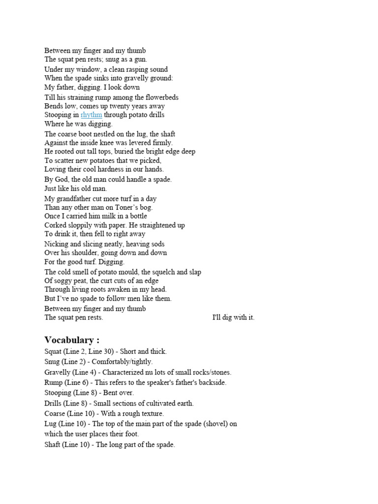 Digging Critical Appreciation | PDF | Poetry | Metre (Poetry)