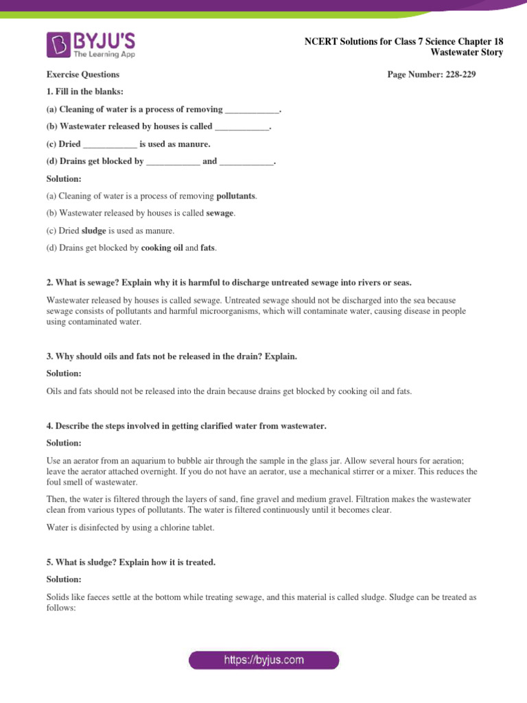 Class 7 Wastewater Story Solutions | PDF | Sewage Treatment | Sanitation