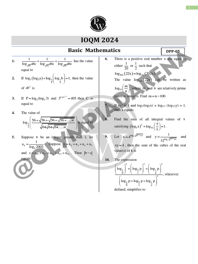 Basic Mathematics - DPP 05 - IOQM 2024 | PDF | Logarithm | Elementary Mathematics