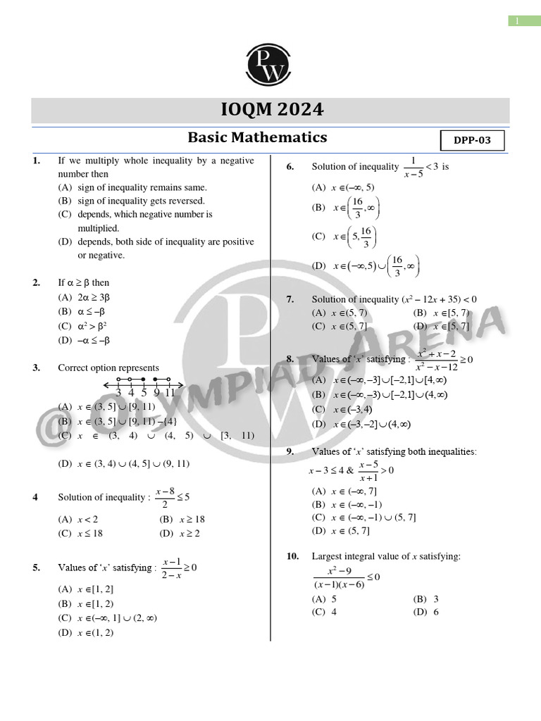 Basic Mathematics - DPP 03 - IOQM 2024 | PDF | Inequality (Mathematics) | Mathematics