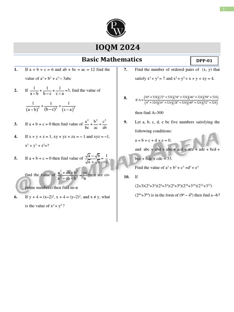 Basic Mathematics - DPP 01 - IOQM 2024 | PDF | Mathematics | Mathematical Objects