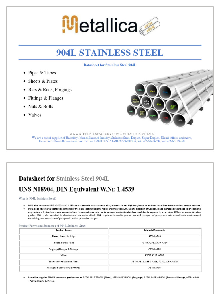 904L Stainless Steel Datasheet | PDF | Stainless Steel | Heat Treating