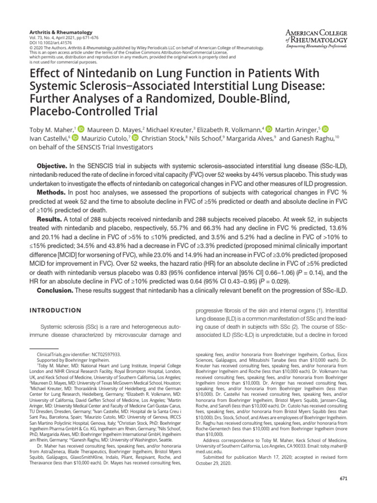 Effect Nintedanib On Lung Function in Patients With Systemic Sclerosis Associated Interstitial ...