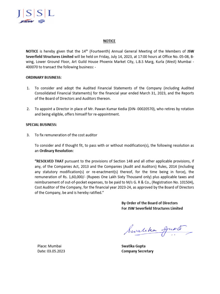 General Meeting Notice For The Fy 2023 24 | PDF | Board Of Directors ...