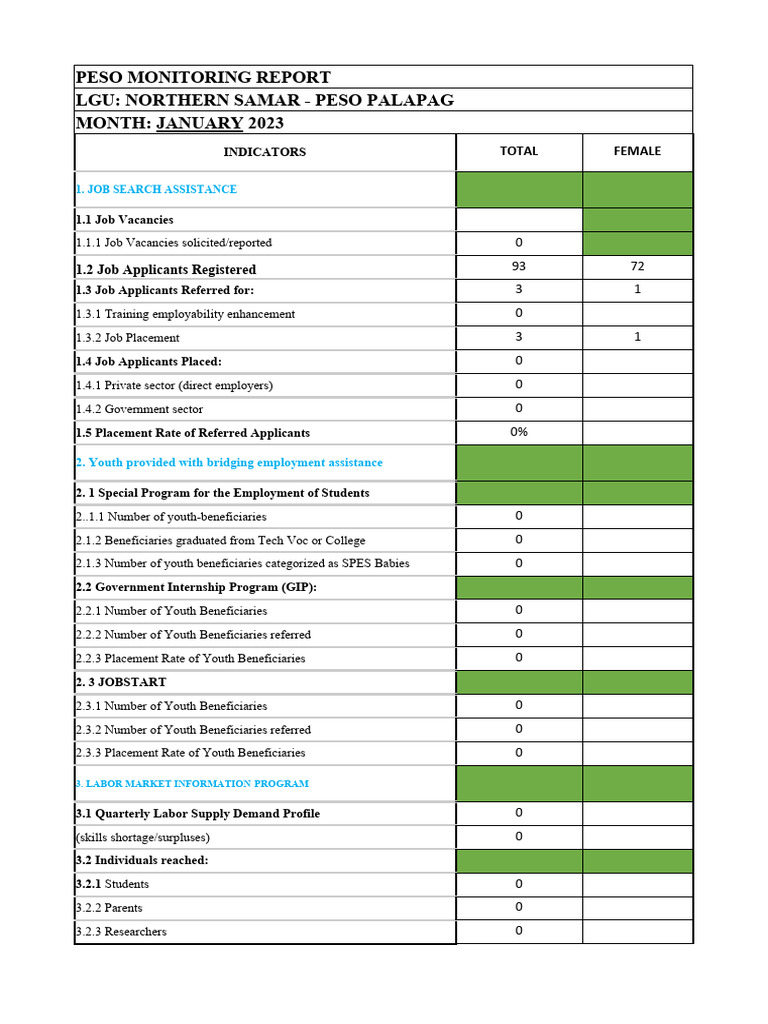 Template of Peso Monitoring Report 2023 | PDF | Employment | Recruitment