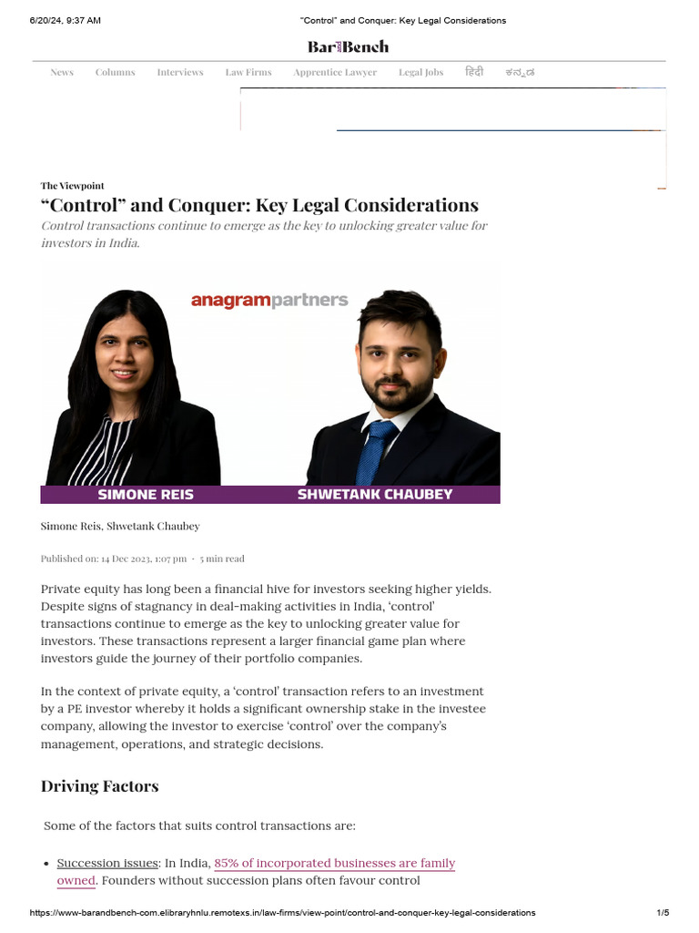 "Control" and Conquer - Key Legal Considerations | PDF | Private Equity ...