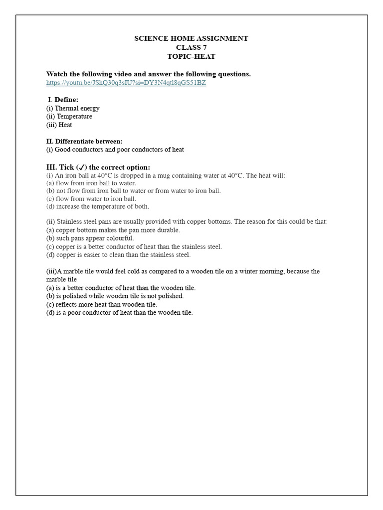 Grade 7 Science: Heat Assignment | PDF
