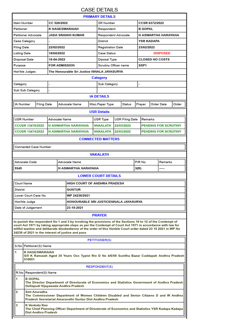 Case Status: CC 520/2022 Disposed | PDF | Justice | Crime & Violence