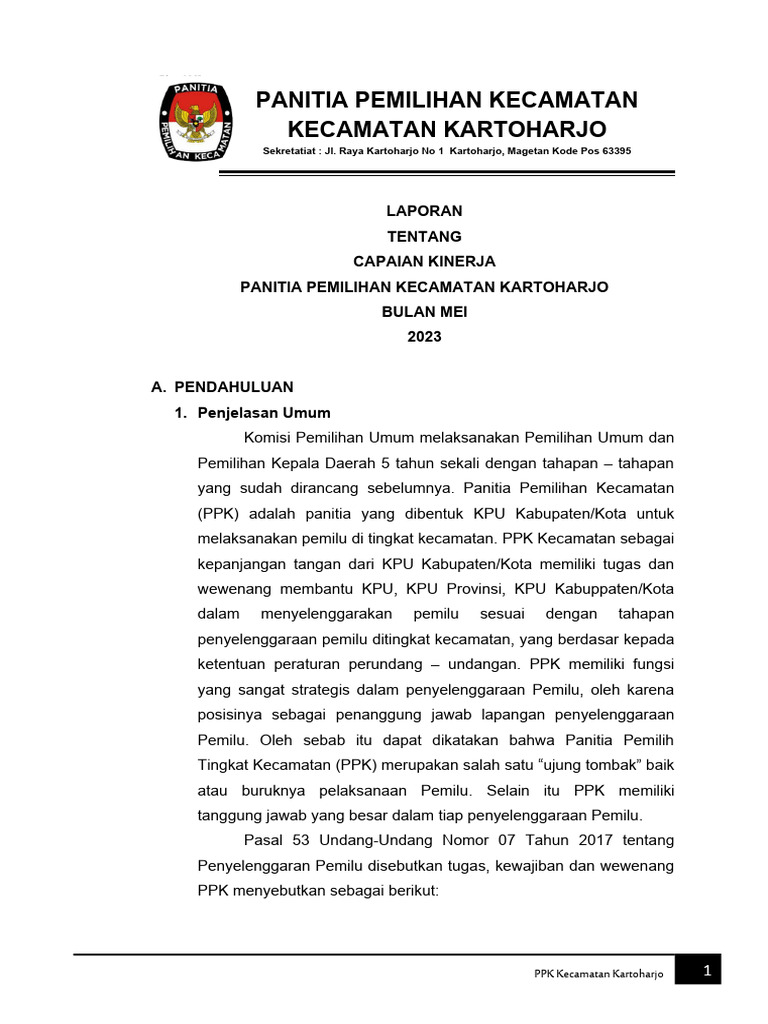 Laporan Kinerja PPK Kartoharjo Mei 2023 | PDF