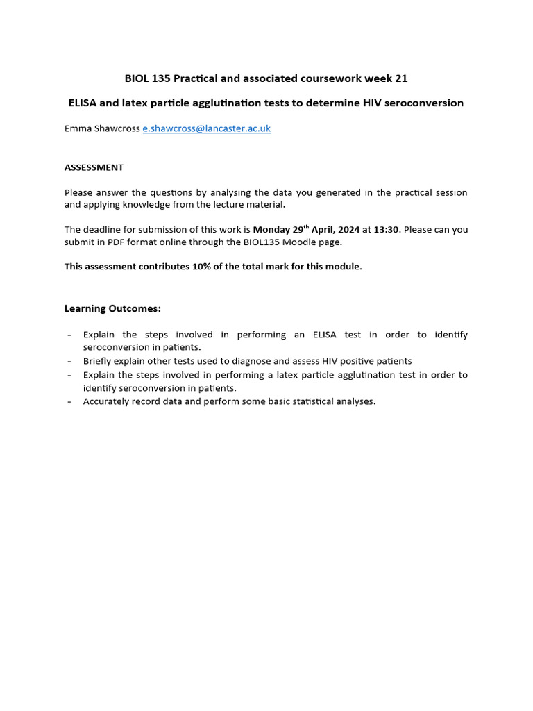 BIOL 135 Coursework ONLY Week 21 | PDF | Elisa | Standard Deviation