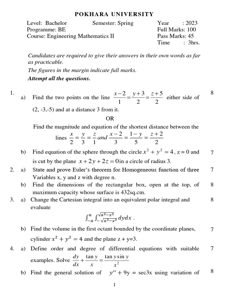 Engineering Mathematics II - Set A | PDF | Equations | Cartesian ...