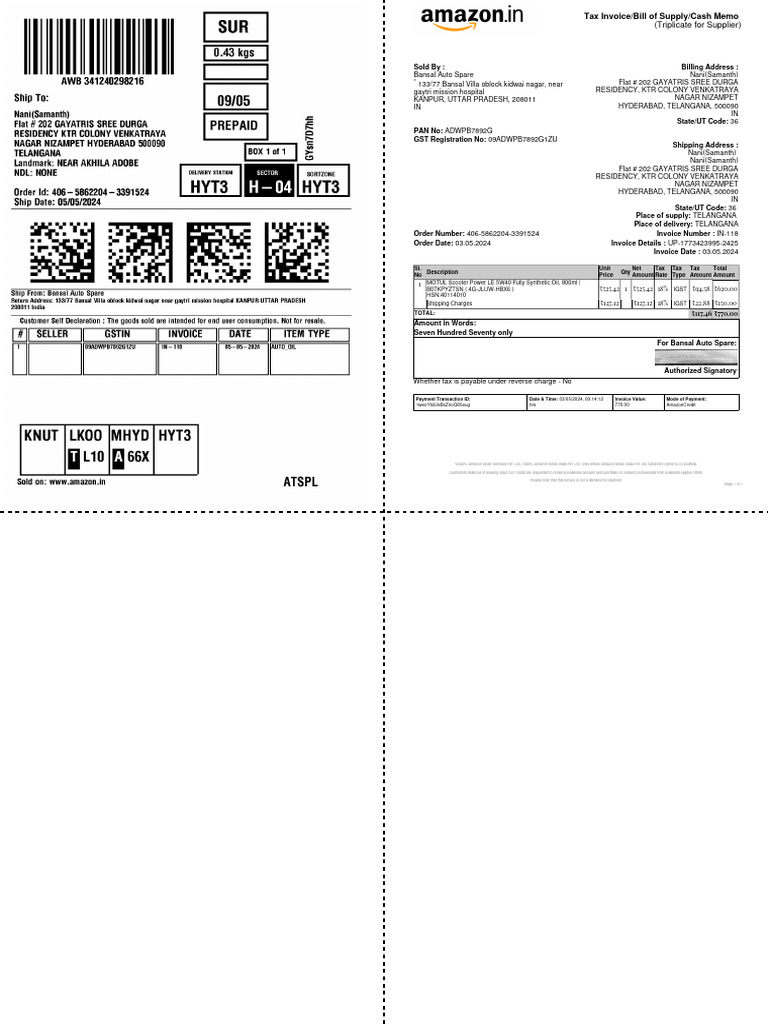 (Triplicate For Supplier) : Sl. No Description Unit Price Qty Net ...
