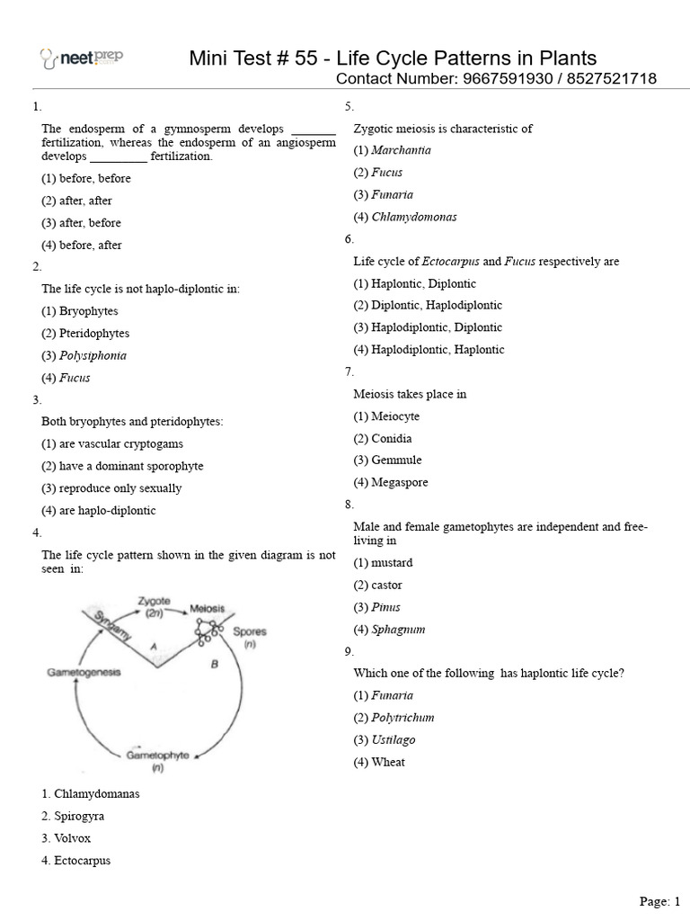 Mini Test # 55 - Life Cycle Patterns in Plants | Download Free PDF ...