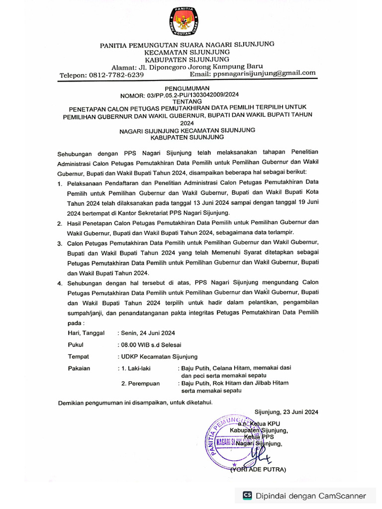 Pengumuman Hasil Seleksi Pantarlih Nag SJJ | PDF