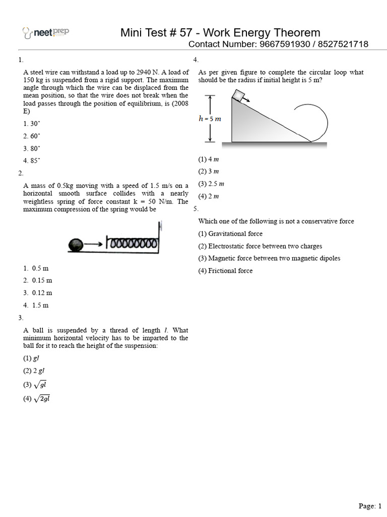 Mini Test 57 Work Energy Theorem Pdf Force Physical Sciences