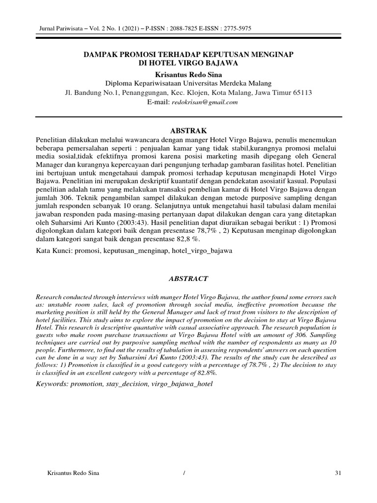 Template Full Paper-Jurnal Pariwisata STIPAR Tamalatea - Kristinus1 | PDF | Karier ...