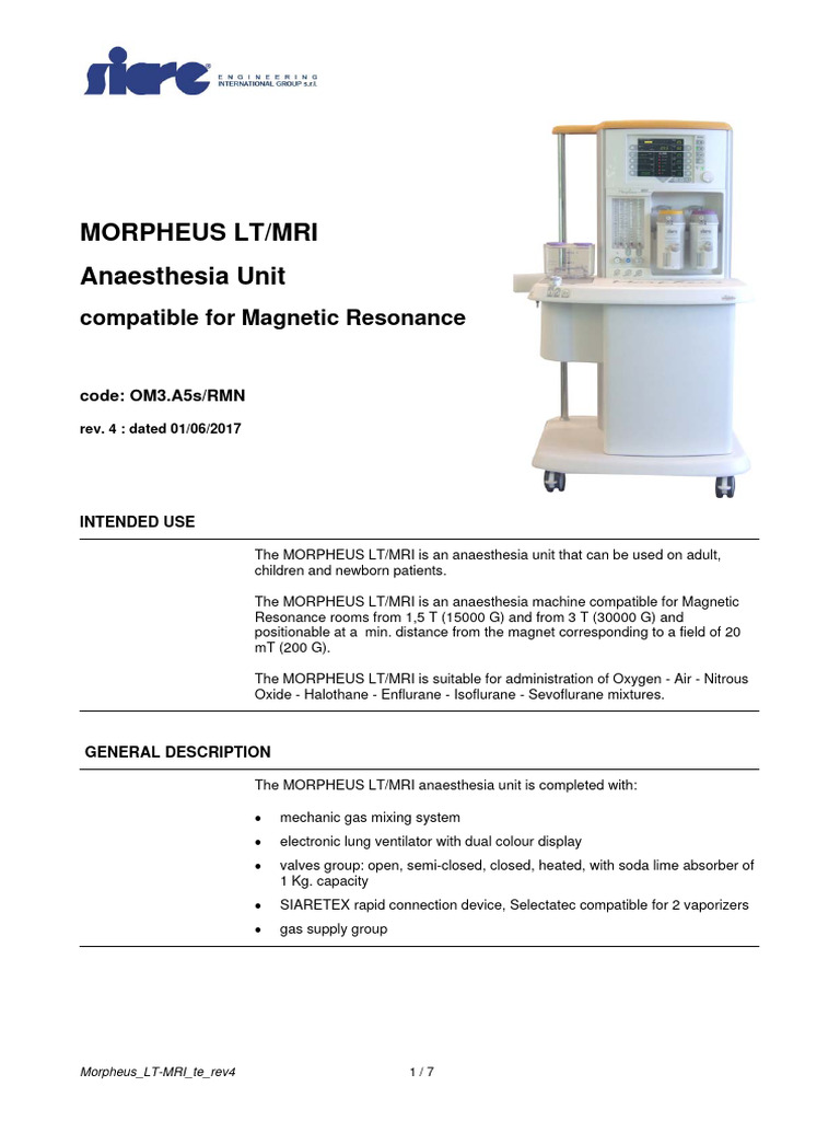 Morpheus - LT MRI Data Sheet | PDF | Breathing | Nitrous Oxide