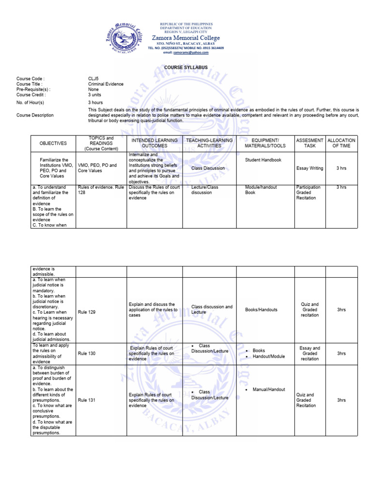 CLJ 5 Criminal Evidence Syllabus | PDF | Evidence | Evidence (Law)