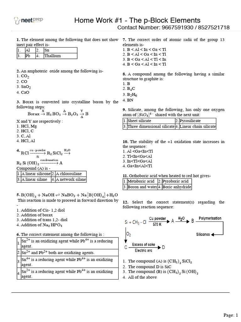 Home Work #1 - (GR 13 & 14) - The P-Block Elements | PDF | Quantum Mechanics | Inorganic Chemistry