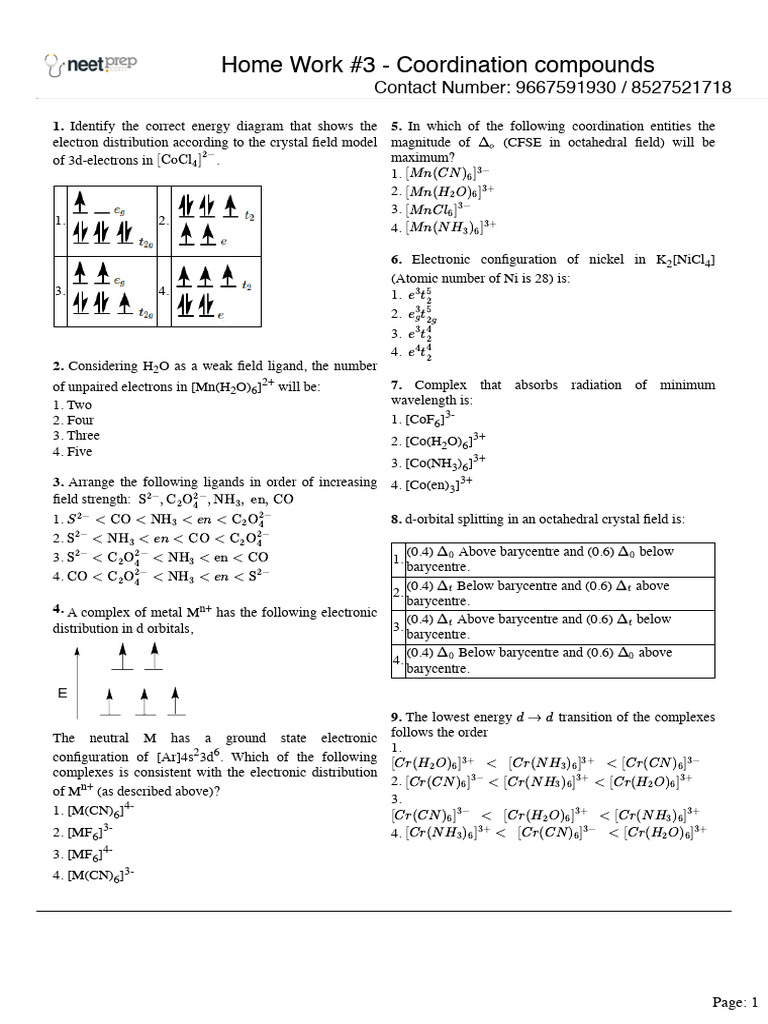 Home Work #3 - Coordination Compounds | PDF | Coordination Complex | Materials Science