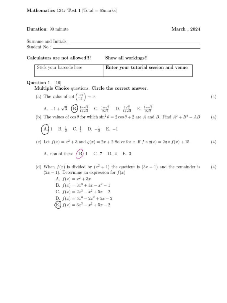 MATH 131 Test 1 2024 | PDF | Applied Mathematics | Mathematical Analysis