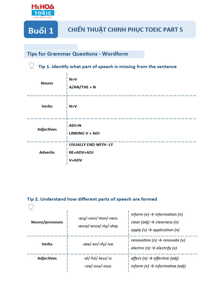 TOEIC Part 5 Grammar Tips | PDF | Part Of Speech | Adjective
