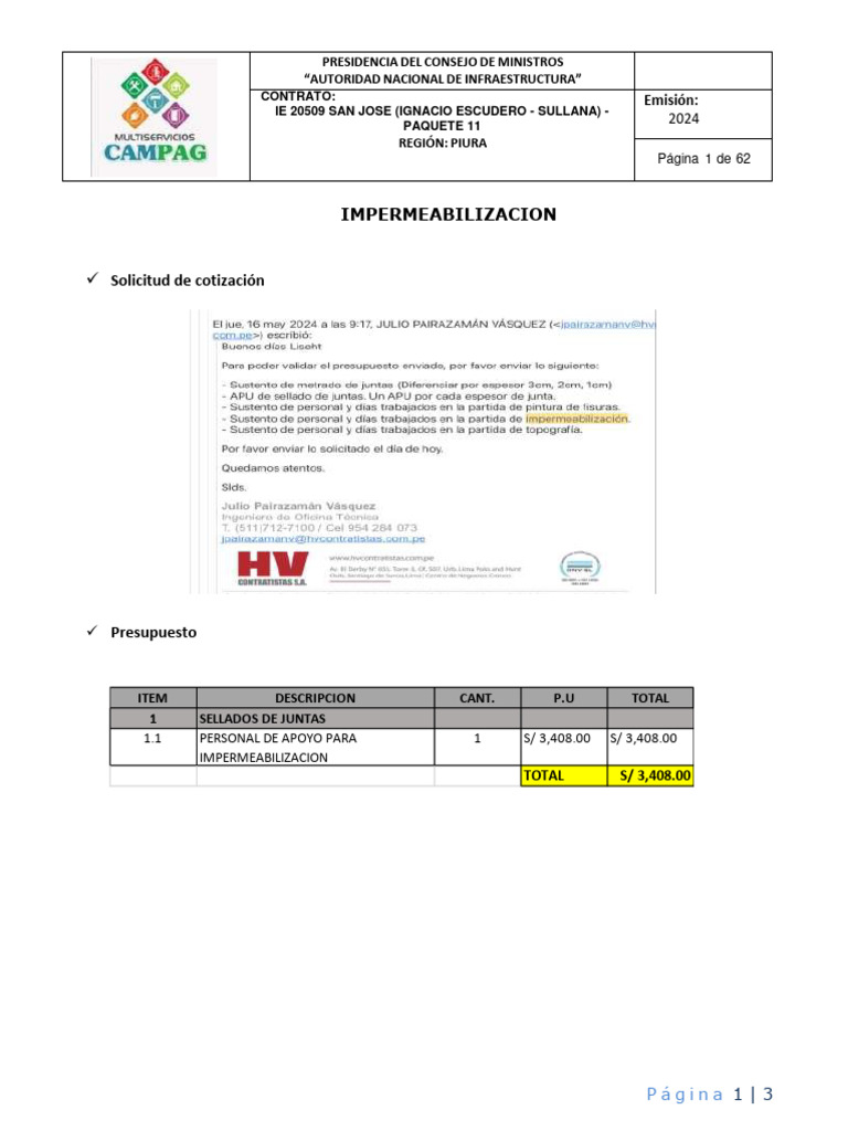 REPORTE DE PARTIDA IMPERMEABILIZACION | PDF