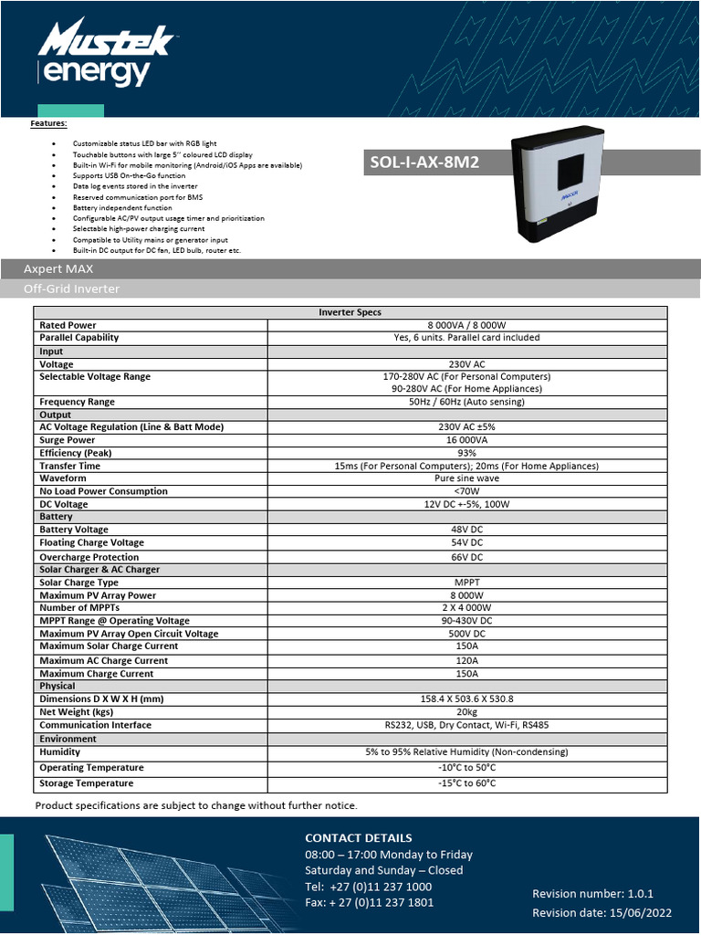 Mecer 8kW Inverter Specifications | PDF | Power Inverter | Electrical Engineering