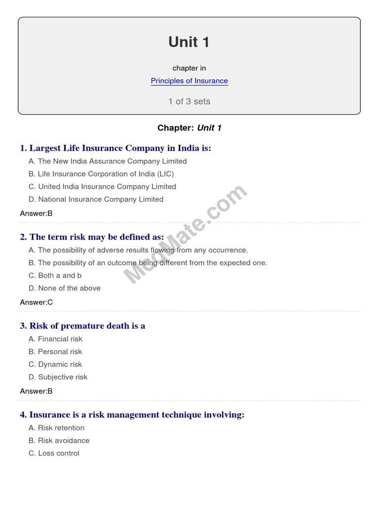 Unit 1 Principles of Insurance (Set 1) | PDF | Insurance | Risk