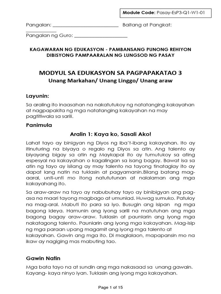 8 Pasay-Grade 3-ESP Q1-W1 | PDF