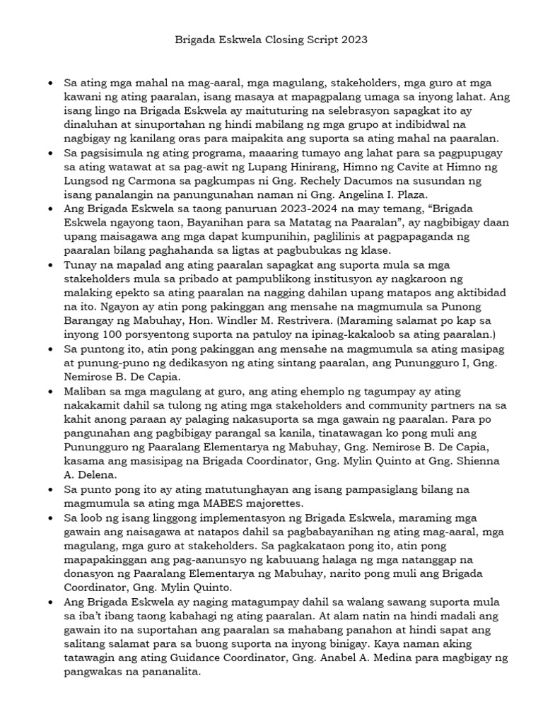 Brigada-Eskwela-Closing-Script | PDF