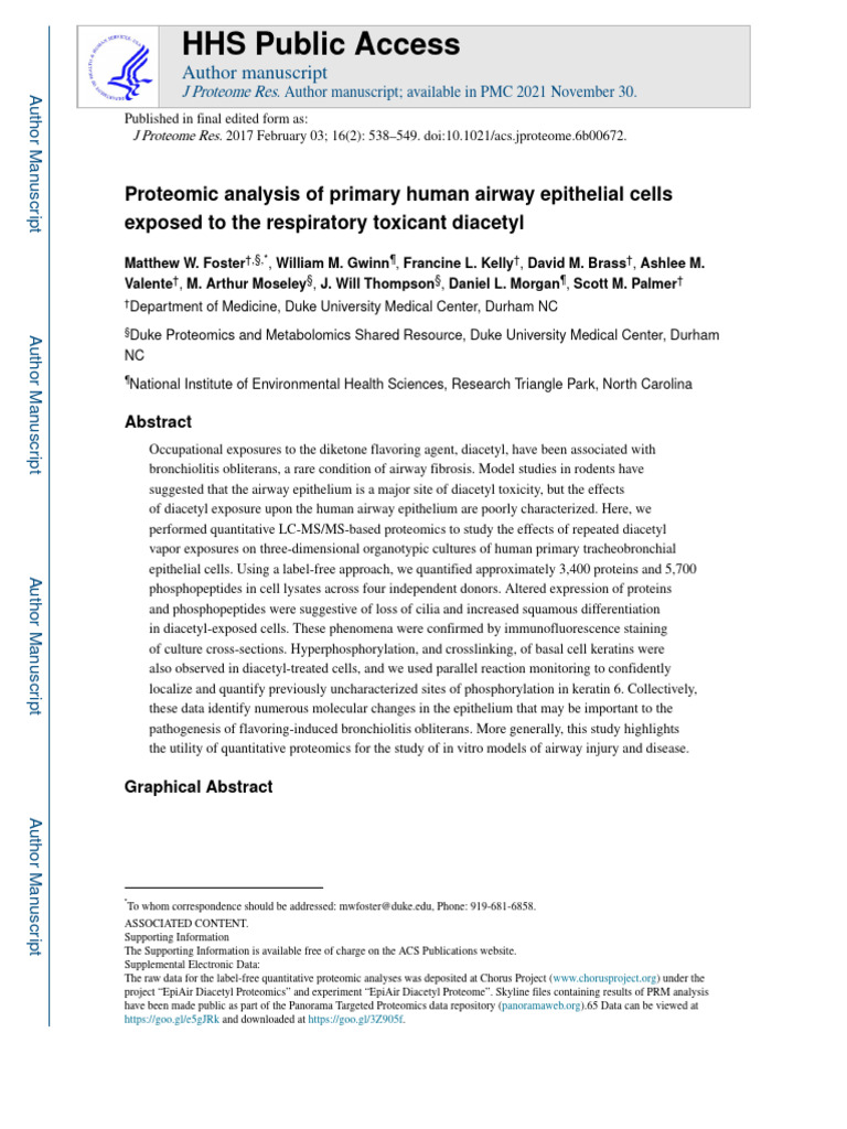 Proteomic Analysis of Primary Human Airway Epithelial Cells Exposed To The Respiratory Toxicant ...