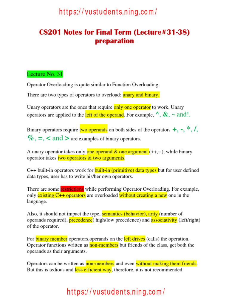 Cs201 Short Notes For Final Term Papers Pdf Constructor Object Oriented Programming