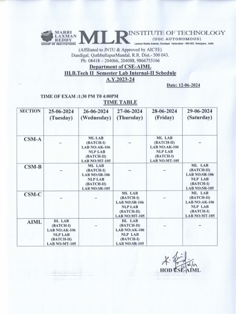 Iii-Ii Cie-Ii Lab Internal Schedule | PDF
