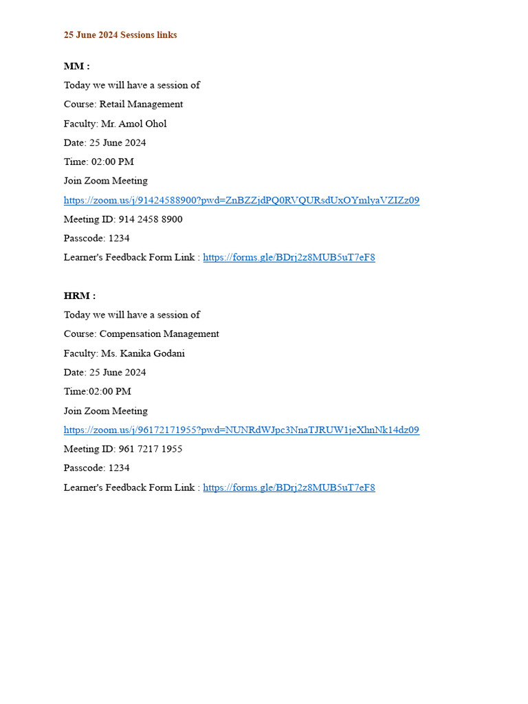 25 June 2024 Sessions List | PDF