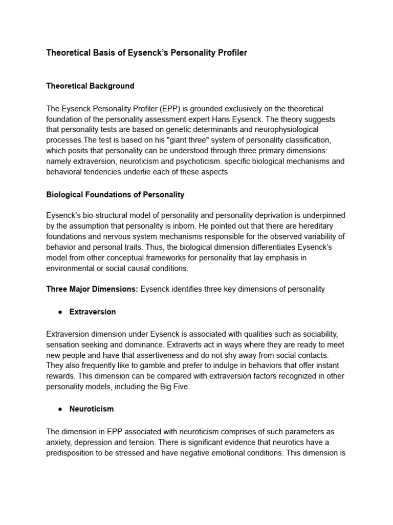 Theoretical Basis of Eysenck’s Personality Profiler | PDF | Extraversion And Introversion ...