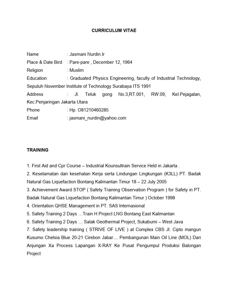 Curriculum Vitae Jasmani Nurdin | PDF | Occupational Safety And Health ...
