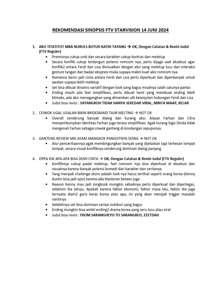 Rekomendasi Sinopsis FTV Starvision 14 Juni 2024 | PDF | Seni & Disiplin Bahasa