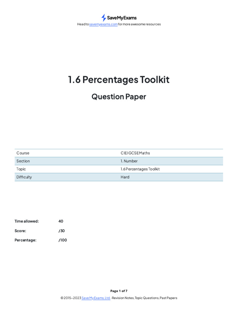 Question Paper Percentages Toolkit | PDF | Interest | Prices