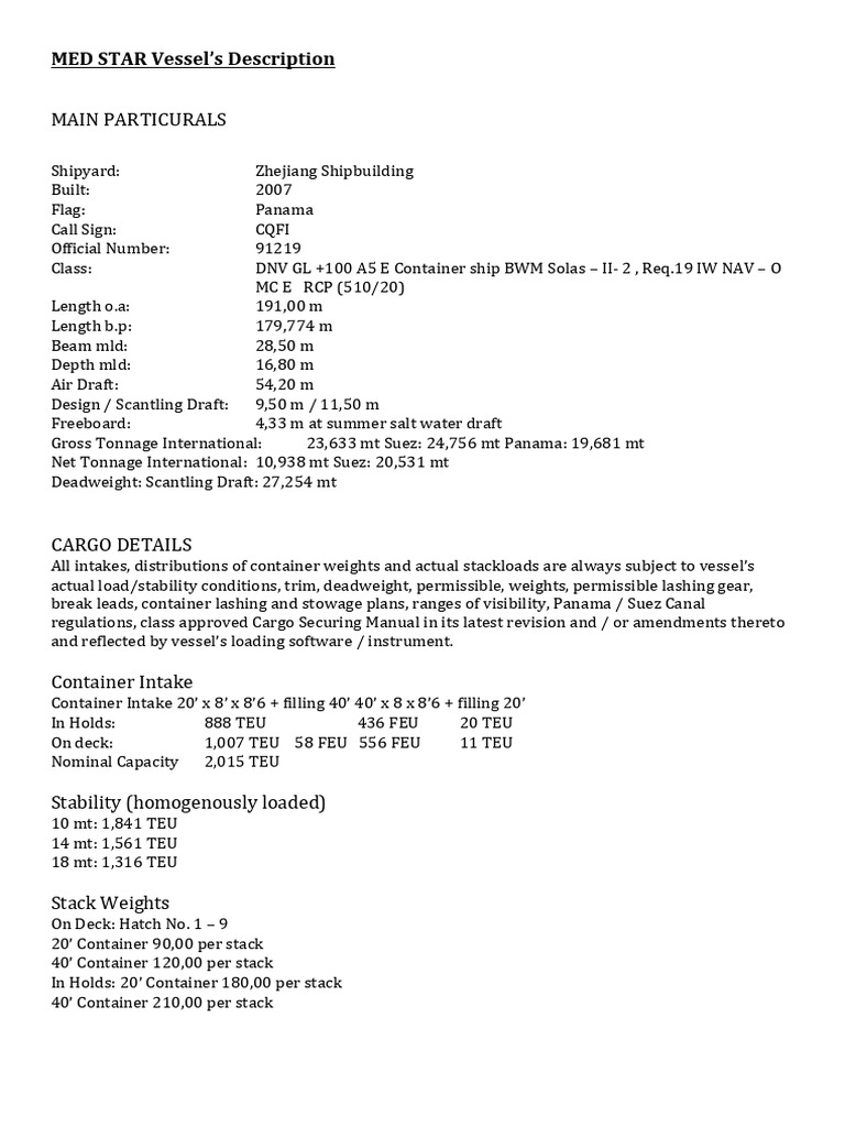 MED STAR Ships Particulars | PDF | Crane (Machine) | Shipping
