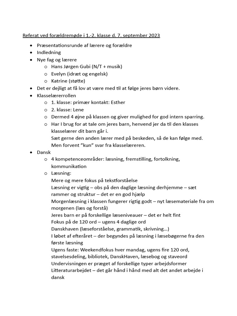 Referat Forældremøde I 1.-2. Klasse | PDF