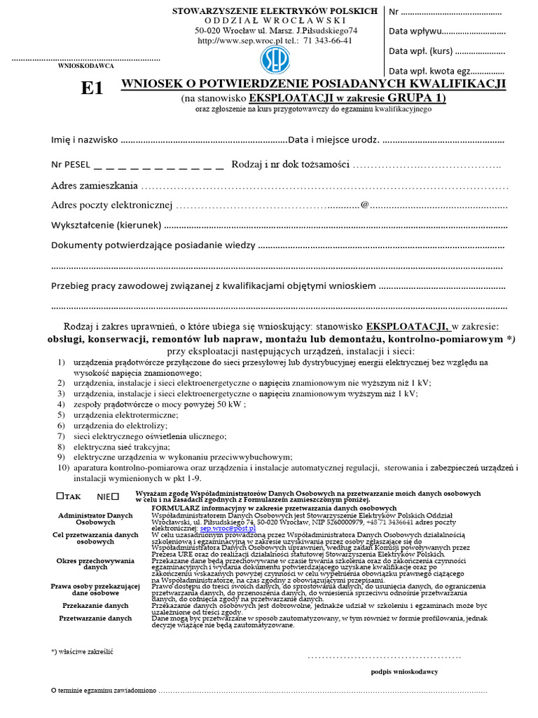 Wniosek O Potwierdzenie Posiadanych Kwalifikacji Grupa 1) | PDF